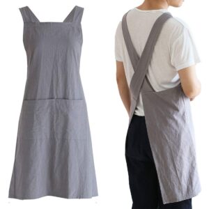 losofar Women Men Cotton/Linen Japanese Style Cross Back Aprons Pinafore Dress with Two Pockets for Cooking, Housewarming, Daily Chores(grey, 24×27.6inch)