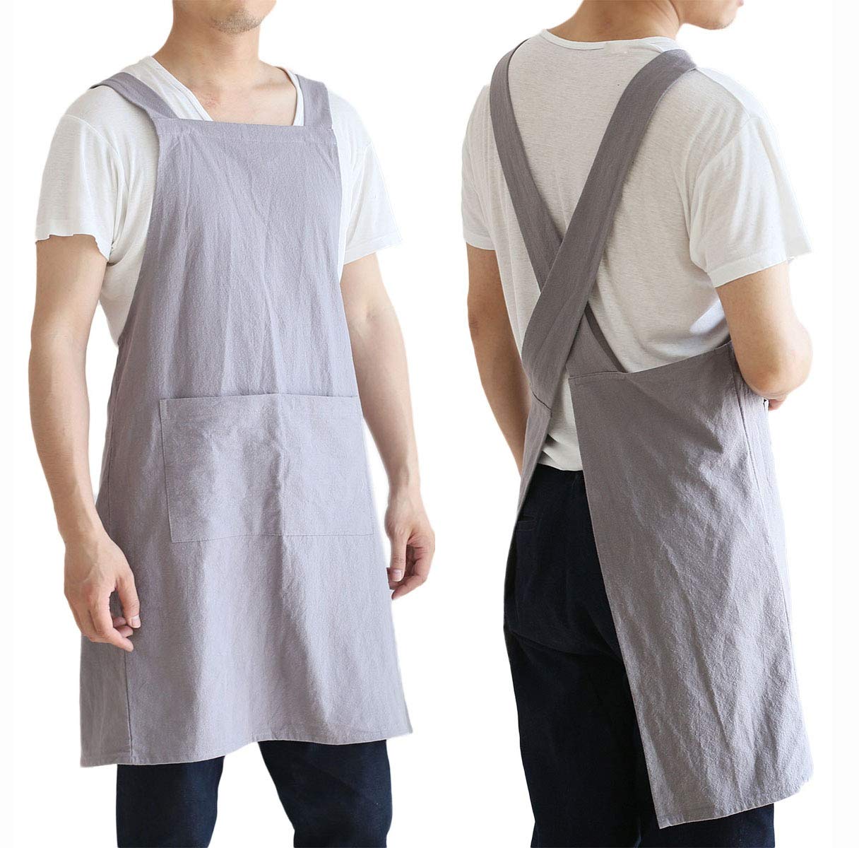 losofar Women Men Cotton/Linen Japanese Style Cross Back Aprons Pinafore Dress with Two Pockets for Cooking, Housewarming, Daily Chores(grey, 24×27.6inch)