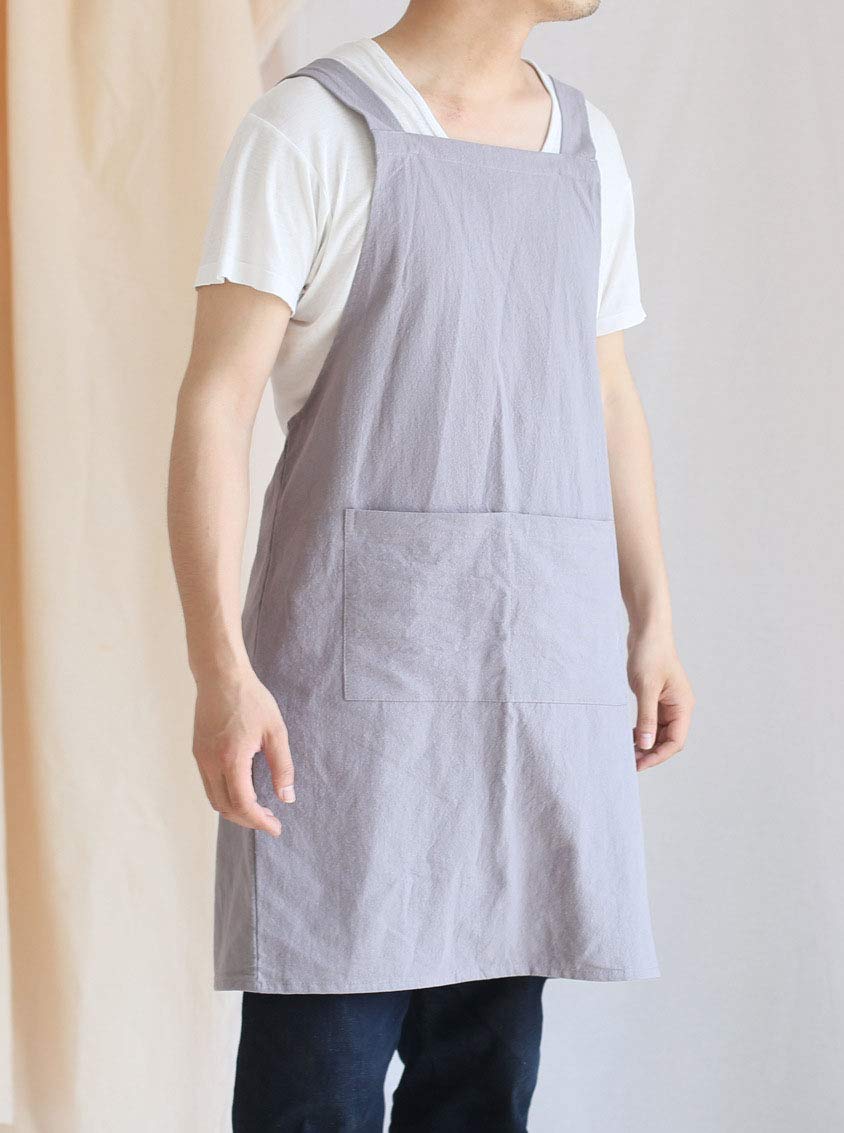 losofar Women Men Cotton/Linen Japanese Style Cross Back Aprons Pinafore Dress with Two Pockets for Cooking, Housewarming, Daily Chores(grey, 24×27.6inch)