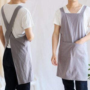 losofar Women Men Cotton/Linen Japanese Style Cross Back Aprons Pinafore Dress with Two Pockets for Cooking, Housewarming, Daily Chores(grey, 24×27.6inch)