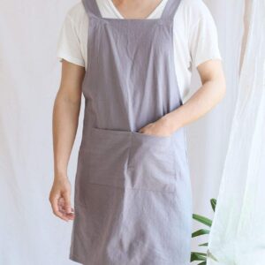 losofar Women Men Cotton/Linen Japanese Style Cross Back Aprons Pinafore Dress with Two Pockets for Cooking, Housewarming, Daily Chores(grey, 24×27.6inch)