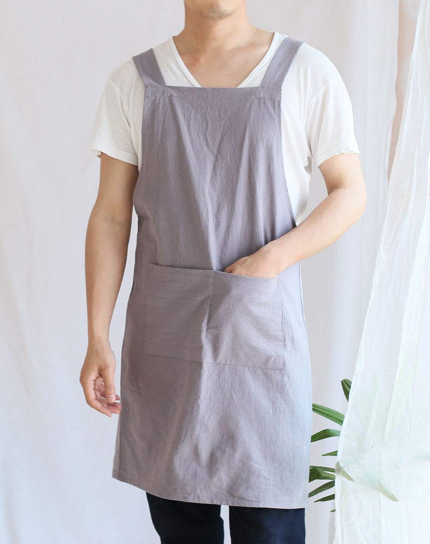 losofar Women Men Cotton/Linen Japanese Style Cross Back Aprons Pinafore Dress with Two Pockets for Cooking, Housewarming, Daily Chores(grey, 24×27.6inch)