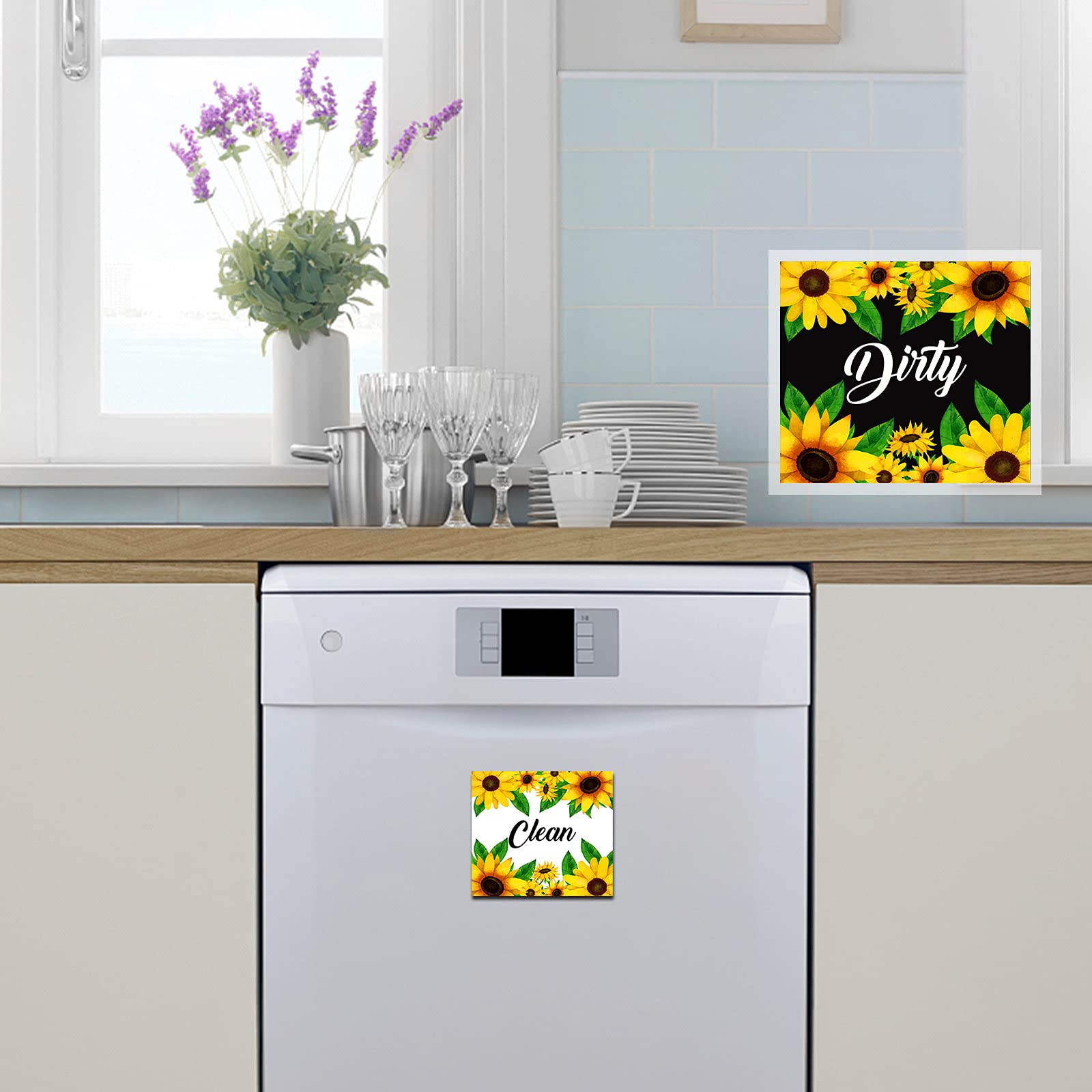 Dishwasher Magnet,Clean Dirty Sign Indicator- Double Sided Magnet with Bonus Universal Magnetic Plate, Kitchen Dish Washer Refrigerator Reversible Indicator Sunflower