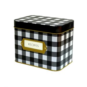 indigo essentials plaid tin recipe box with cards and dividers - black and white recipe card holder, recipe card box and recipe cards 4x6, metal recipe box, decorative tin box