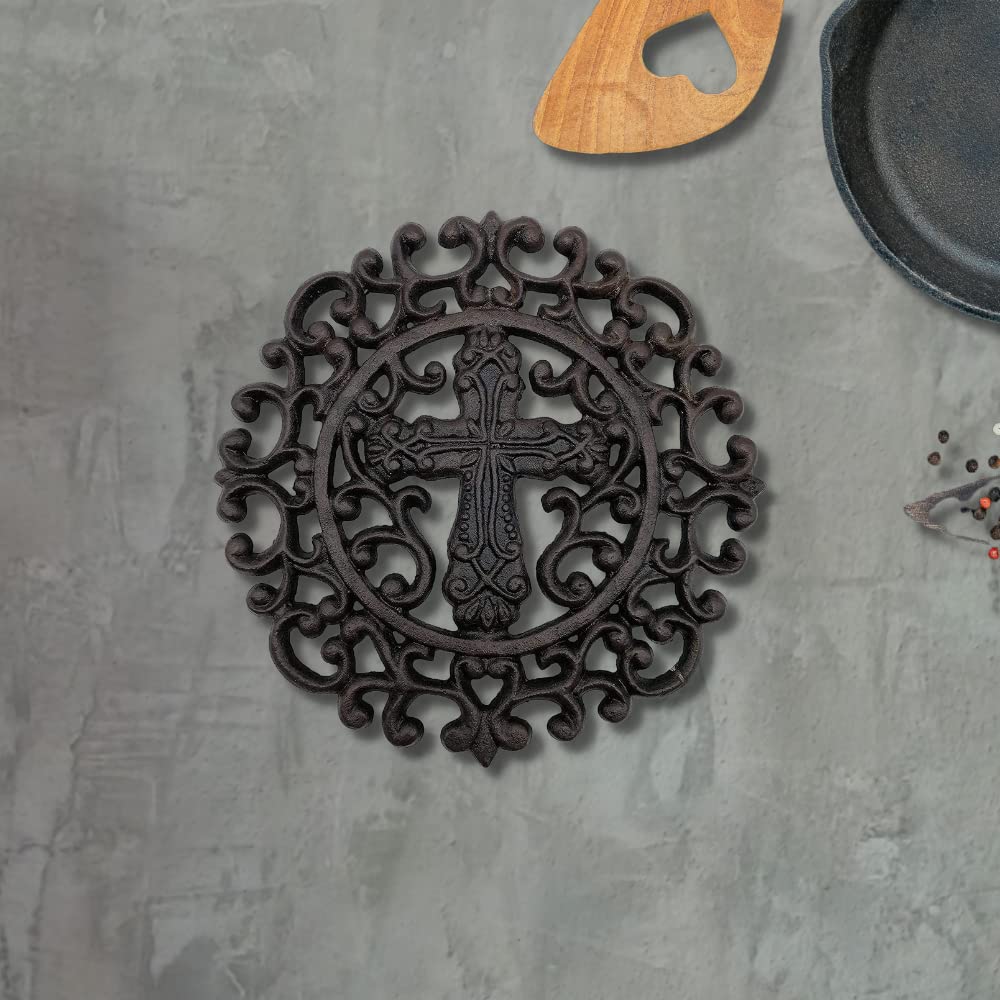 Comfy Hour Antique and Vintage Collection Cast Iron Round Cross Trivet 9" D Black