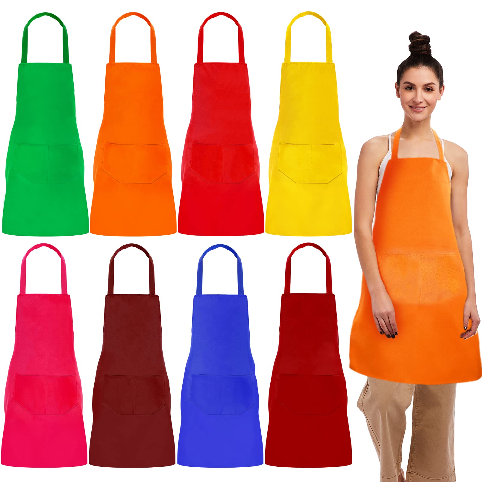 HOPMORED 8 Pack Plain Bib Aprons Bulk,Mixed Color Apron with 2 Front Pockets,Washable Blank Aprons for Kitchen Cooking Crafting BBQ Painting Drawing,8 Colors