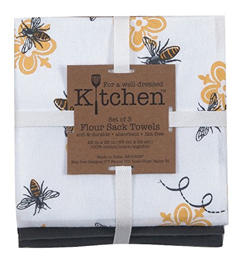 Kay Dee 3-Piece Kitchen Towel Set and Dish Drying Mat (Queen Bee Print),White