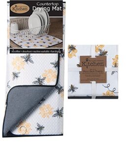 kay dee 3-piece kitchen towel set and dish drying mat (queen bee print),white