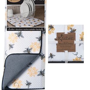 Kay Dee 3-Piece Kitchen Towel Set and Dish Drying Mat (Queen Bee Print),White