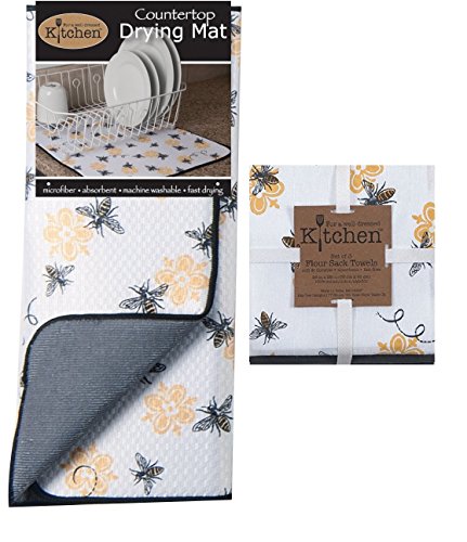 Kay Dee 3-Piece Kitchen Towel Set and Dish Drying Mat (Queen Bee Print),White