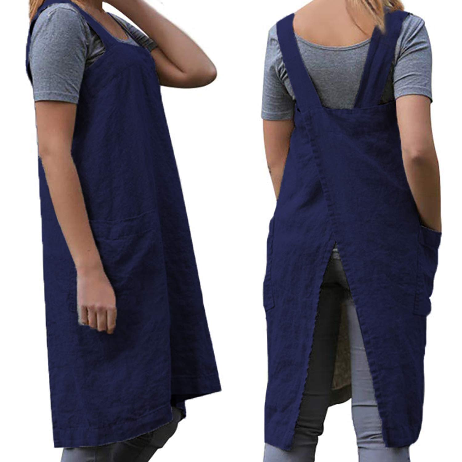 Women's Cross Back Pinafore Apron with Large Pockets Home Kitchen, Restaurant, Coffee house,Cooking Gardening Works