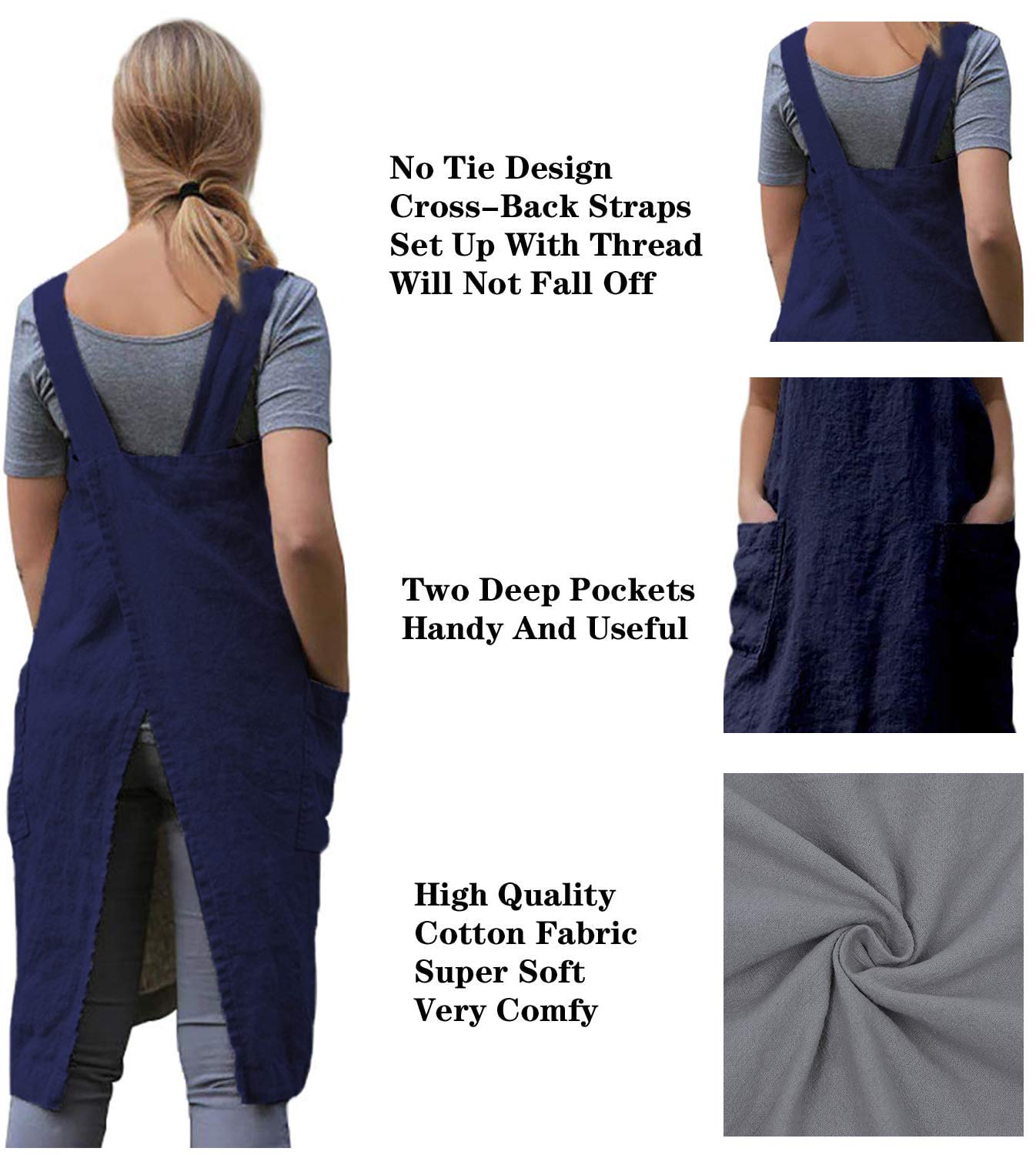 Women's Cross Back Pinafore Apron with Large Pockets Home Kitchen, Restaurant, Coffee house,Cooking Gardening Works