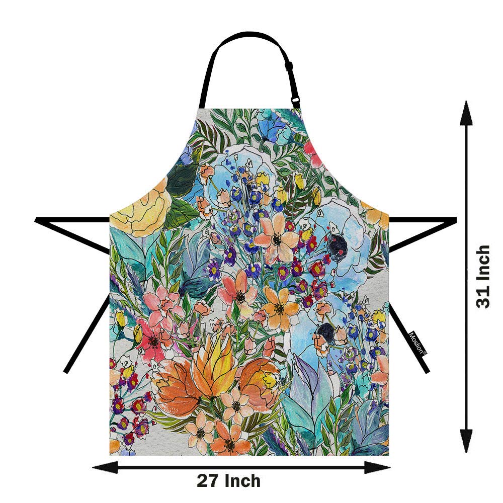 Moslion Floral Apron 31x27 Inch Colorful Garden Bouquet of Rose Lily Sunflowers Leaves Botanical Plant Kitchen Chef Waitress Cook Aprons Bib with Adjustable Neck for Women Men Girls