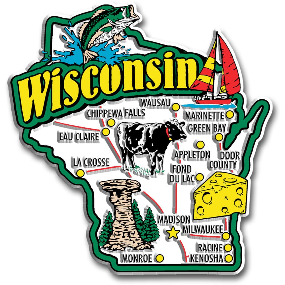 Wisconsin Jumbo State Magnet by Classic Magnets, 3.4" x 3.5", Collectible Souvenirs Made in The USA