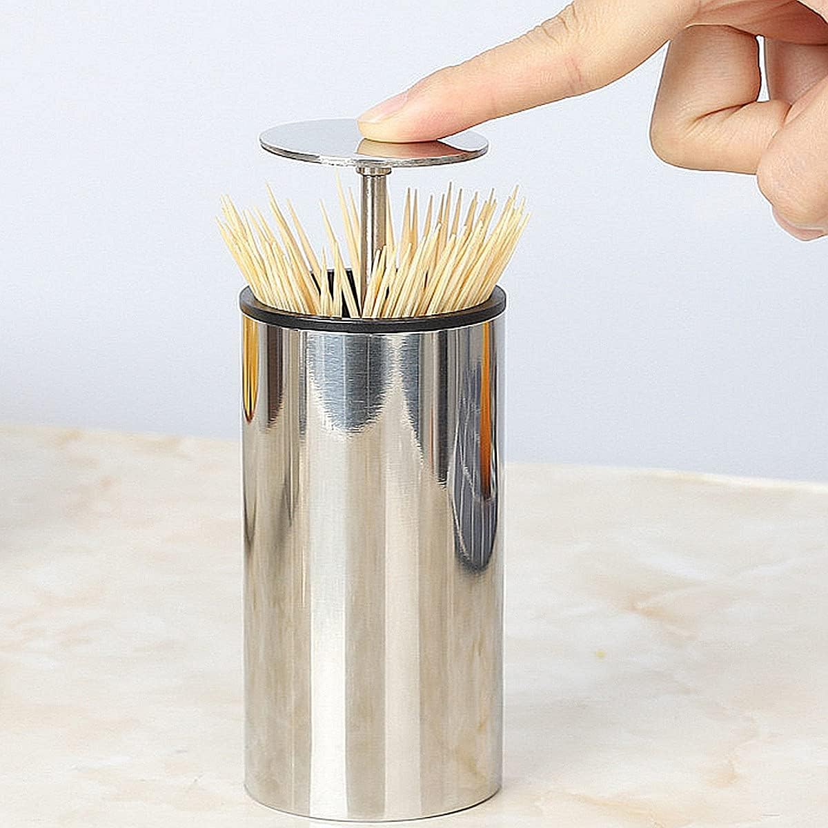 Kemaily Toothpick Holder, Automatic Stainless Steel Toothpick Holder Dispenser Click Open, Modern Toothpick Storage Box for Bamboo Toothpick