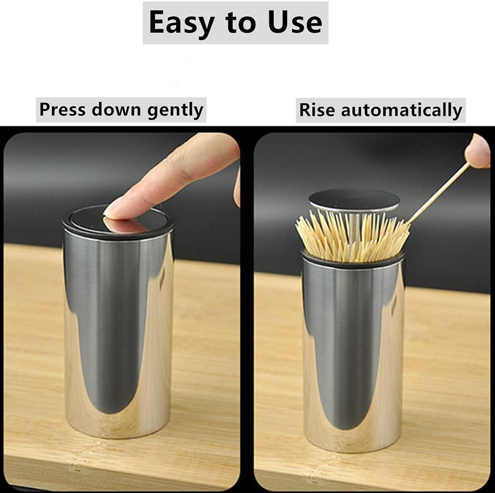 Kemaily Toothpick Holder, Automatic Stainless Steel Toothpick Holder Dispenser Click Open, Modern Toothpick Storage Box for Bamboo Toothpick