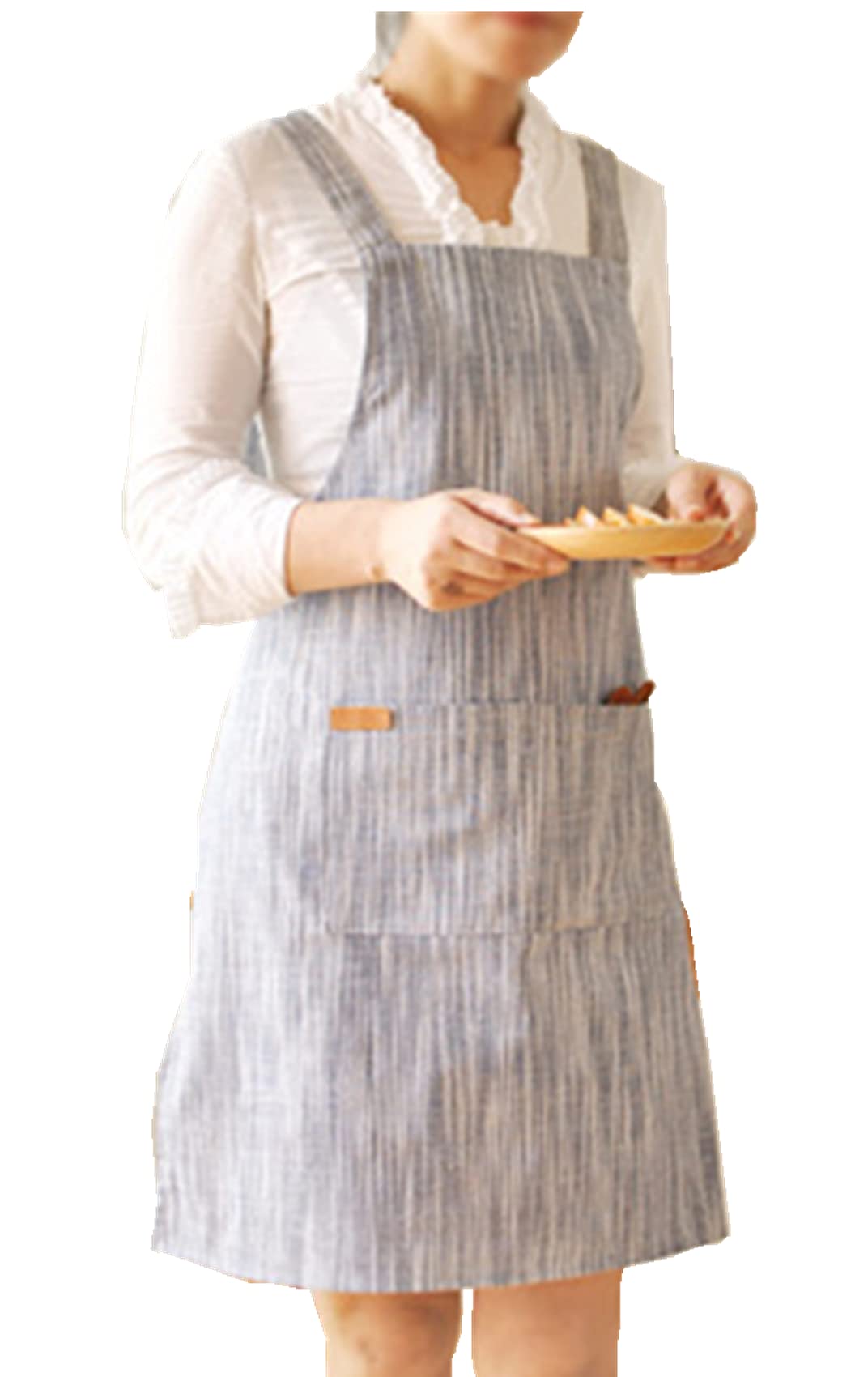 BBYBBS Linen Pinafore Apron Japan Style Mediumweight Japanese Apron Cross Apron No Tie Apron Double Front Large Size Pockets Halter Cross Bandage Aprons (blue)