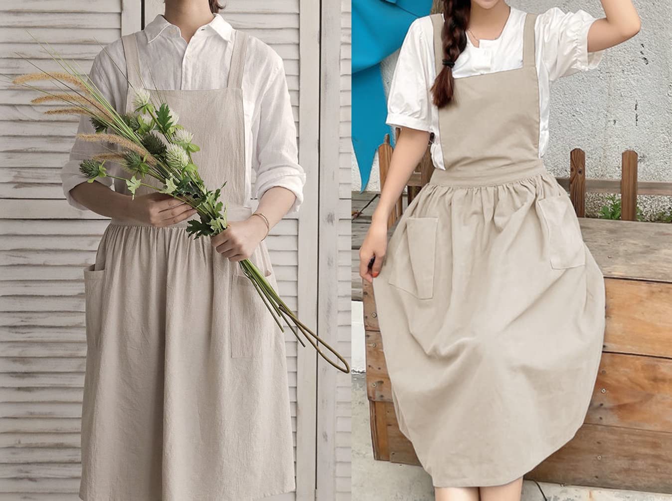 Cute Retro Cotton Linen X-Back Aprons Home Kitchen Garden Art Painting Pinafore Florist Shop Overalls (Beige, 39L)