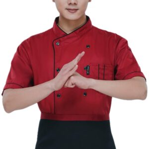 xinfu unisex chef coat short sleeve thin & comfortable kitchen chef uniform for men women, red a, us:l(label:3xl)