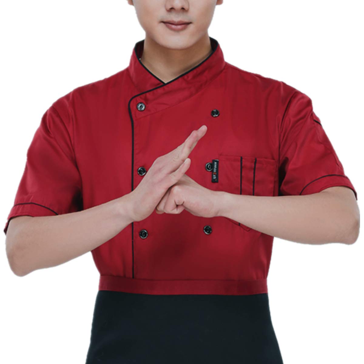 XINFU Unisex Chef Coat Short Sleeve Thin & Comfortable Kitchen Chef Uniform for Men Women, Red A, US:L(Label:3XL)