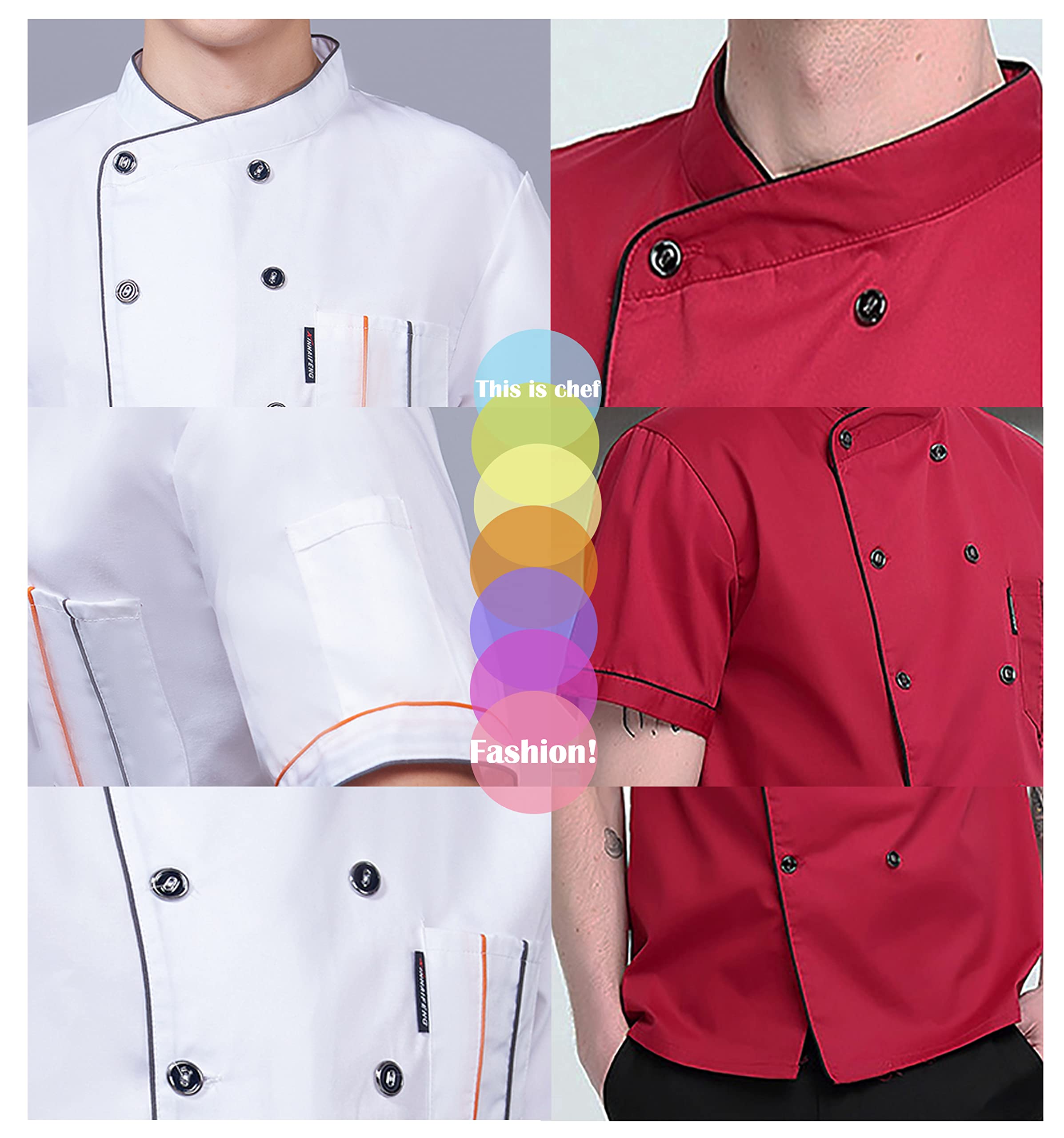 XINFU Unisex Chef Coat Short Sleeve Thin & Comfortable Kitchen Chef Uniform for Men Women, Red A, US:L(Label:3XL)