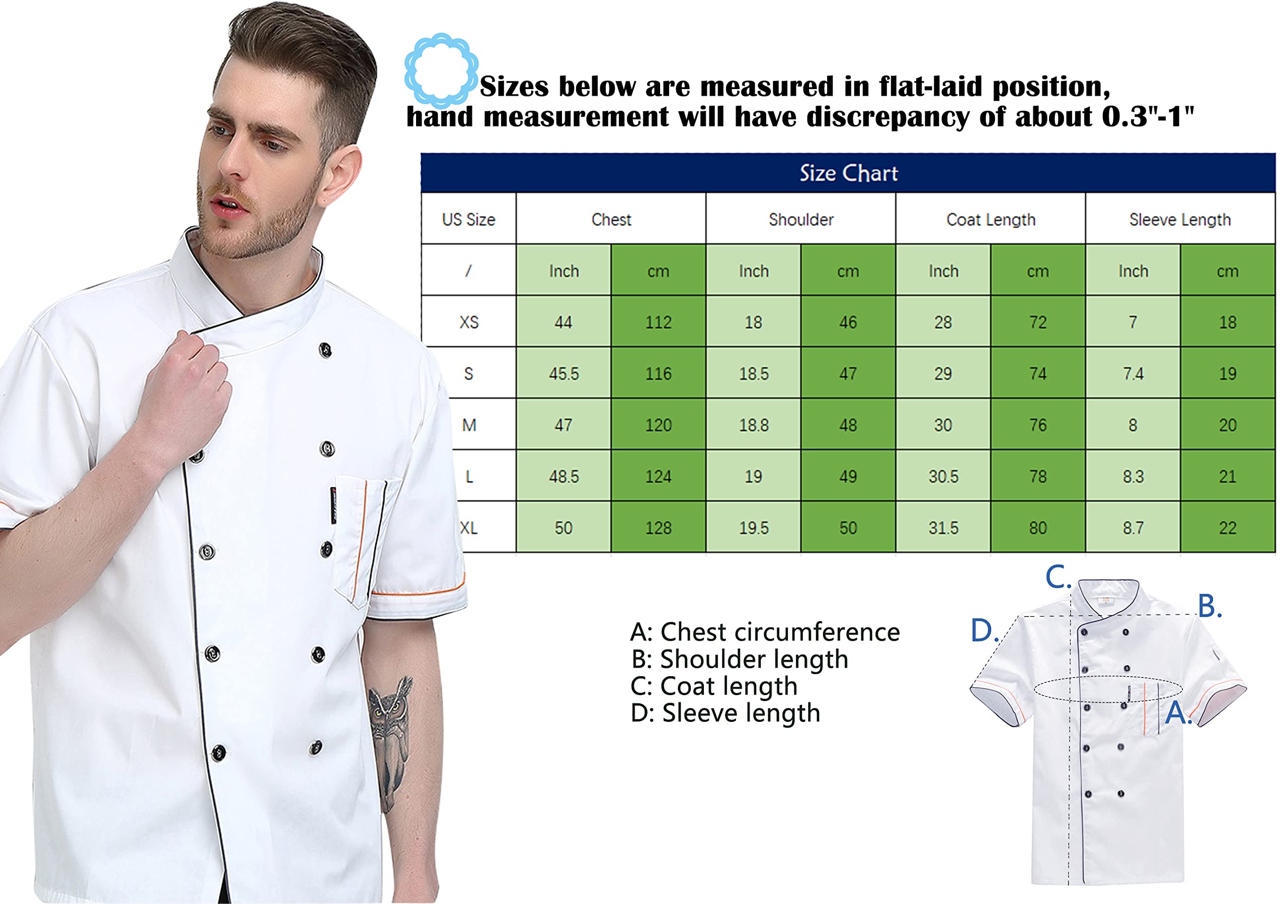 XINFU Unisex Chef Coat Short Sleeve Thin & Comfortable Kitchen Chef Uniform for Men Women, Red A, US:L(Label:3XL)