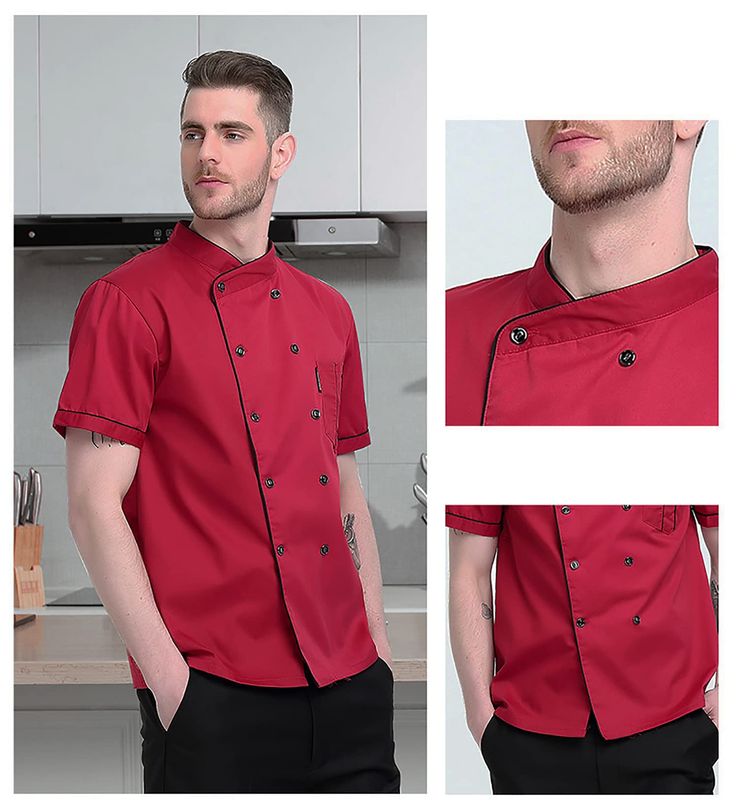 XINFU Unisex Chef Coat Short Sleeve Thin & Comfortable Kitchen Chef Uniform for Men Women, Red A, US:L(Label:3XL)