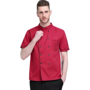 XINFU Unisex Chef Coat Short Sleeve Thin & Comfortable Kitchen Chef Uniform for Men Women, Red A, US:L(Label:3XL)