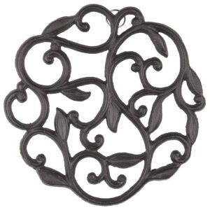 gasaré, cast iron trivet for hot dishes, pots, and pans, metal trivet, vine plant design, rubber feet caps, ring hanger, 8 inches, brown, 1 unit