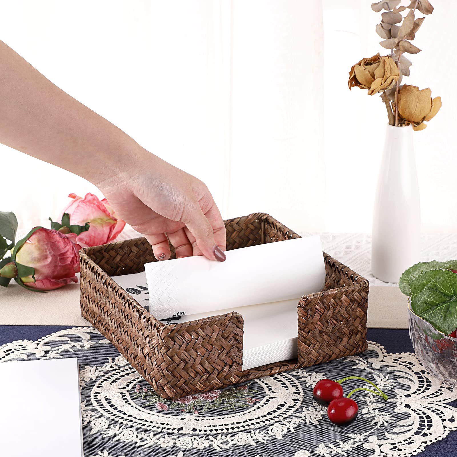 Sumnacon Napkin Holder,Woven Napkin Holder Table,Seagrass Napkin Basket,Square Napkin Tray,Flat Napkin Holder for Kitchen Dinning Table Counter