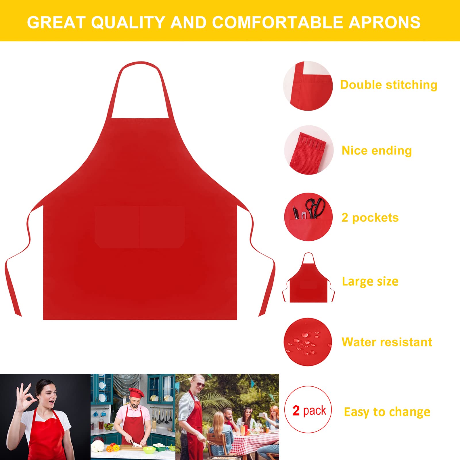 Hi loyaya 2 Pack Red Apron and Chef Hat for Women Men, Baking BBQ Cooking Kitchen Aprons with Pockets (Red)