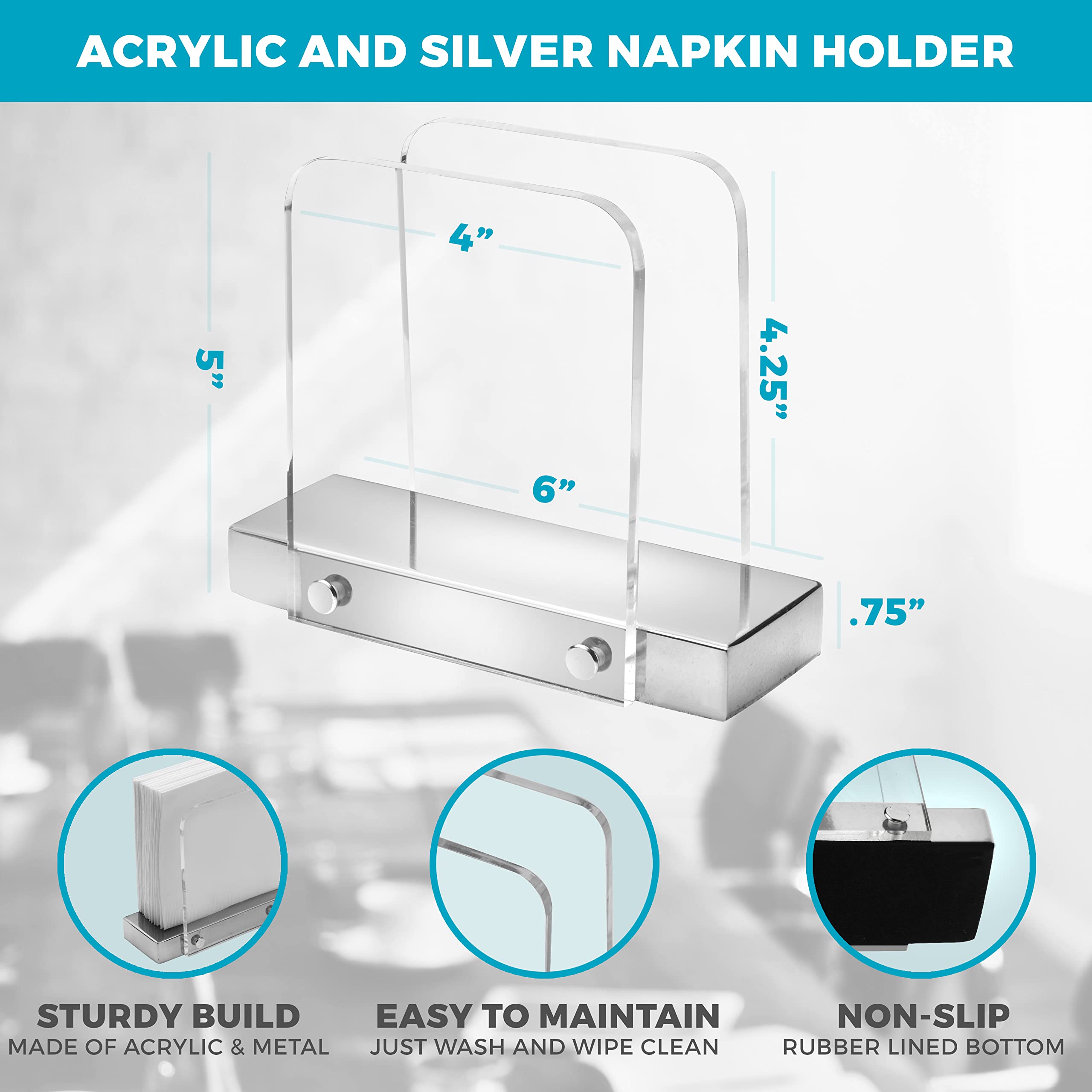 Modern Napkin Holder for Kitchen, Standing Napkin Holder for Tables, Clear Acrylic and Silver Steel Base Kitchen & Dining Room Decor