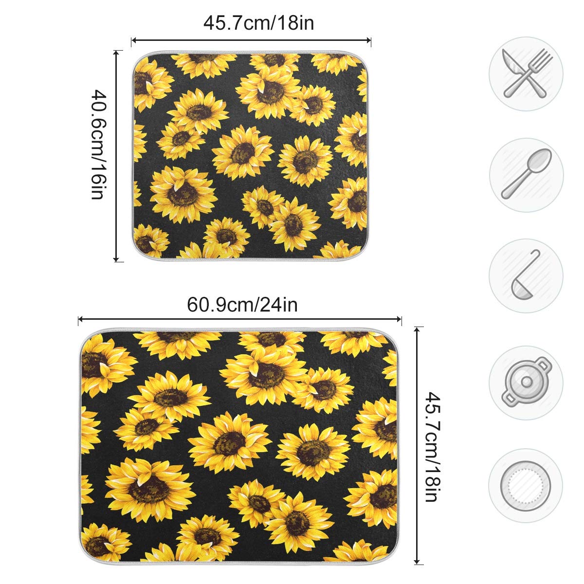 Sunflower Black Dish Drying Mat for Kitchen, Absorbent Microfiber Drying Pad Dish Mat, 16" X 18"