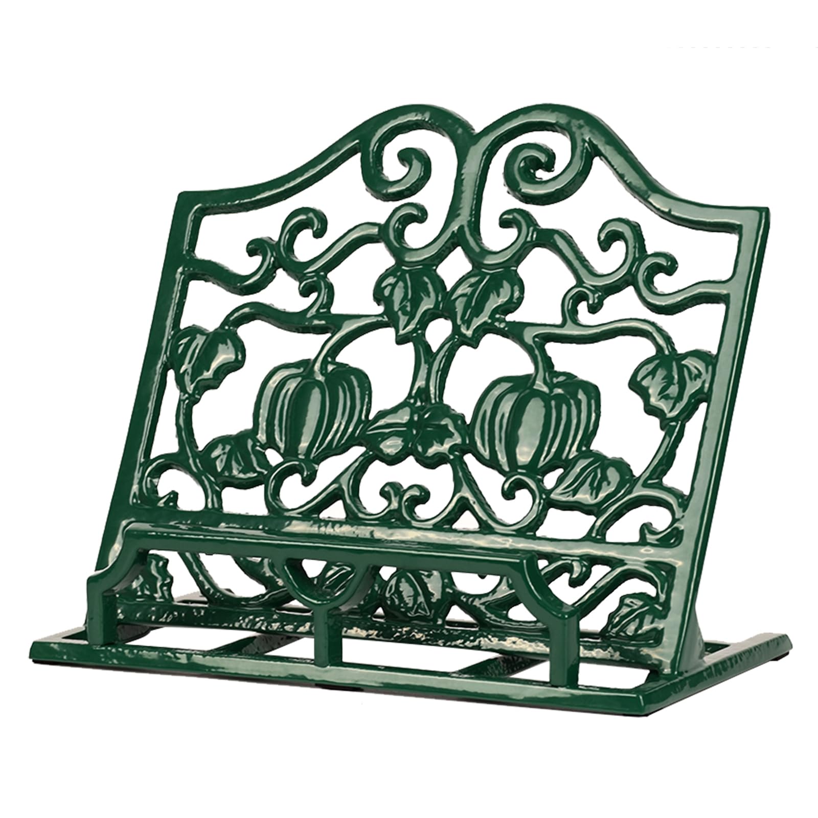 MINLUFUL Vintage Cookbook Stand, Durable Wrought Cast Iron Recipe Book Holder for Kitchen Counter, Large Metal Cook Book Stand with Pumpkin Design, Green