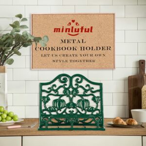 MINLUFUL Vintage Cookbook Stand, Durable Wrought Cast Iron Recipe Book Holder for Kitchen Counter, Large Metal Cook Book Stand with Pumpkin Design, Green