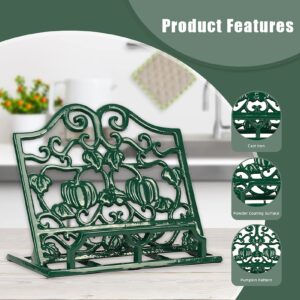 MINLUFUL Vintage Cookbook Stand, Durable Wrought Cast Iron Recipe Book Holder for Kitchen Counter, Large Metal Cook Book Stand with Pumpkin Design, Green