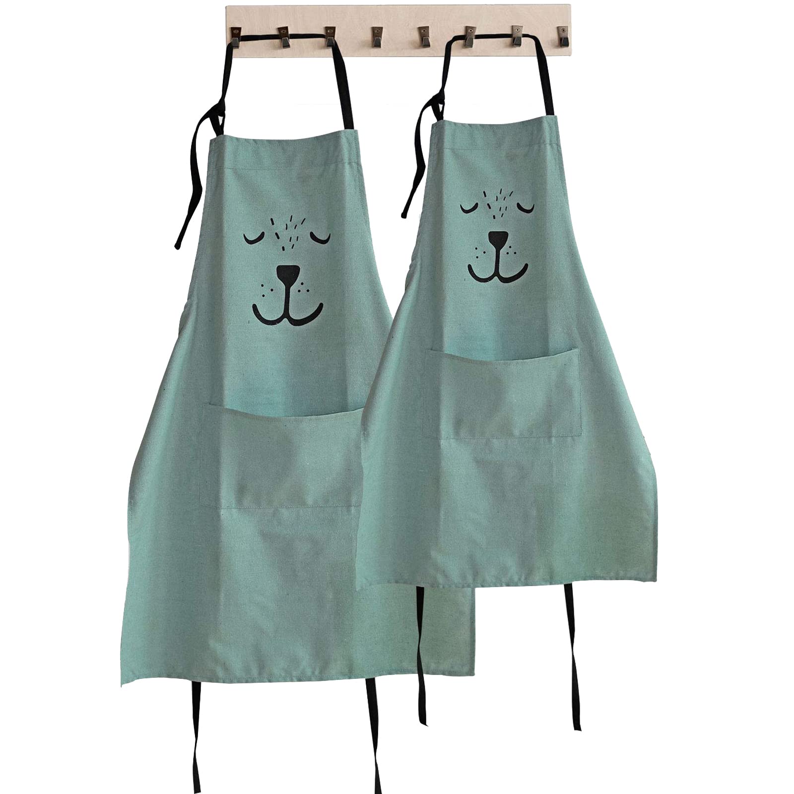 YOLOPLUS+ 2 Pack Cartoon Apron Cute Bear Parent and Child Apron,Father Mother Son Daughter Matching Set Adult and Kid for Cooking,Baking,Painting,Coffee Shop.Party (GREEN)