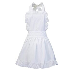 fashion vintage apron ruffle retro apron cooking kitchen lovely apron with pockets for women girls (white), one size