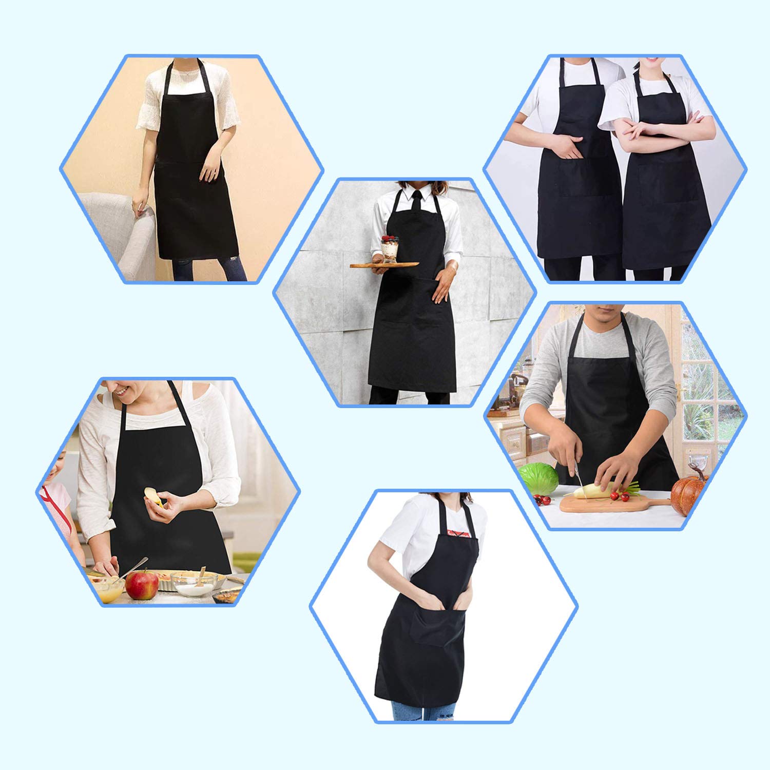 TRENDBOX 6 Pack Aprons for Women Men (Full Adult Size) Black Kitchen Aprons with 2 Pockets Durable Personalized Apron for BBQ Kitchen Cooking Baking Crafting Restaurant