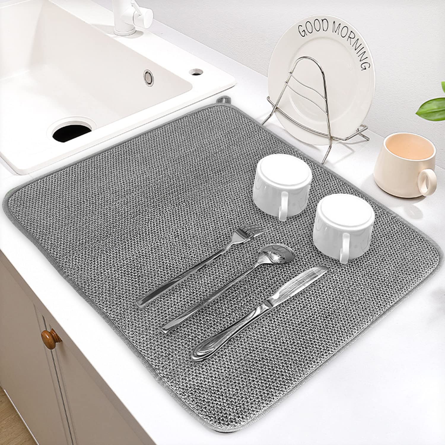 2 Pack 20×15 Inch Grey Microfiber Dish Drying Mat,Absorbent Kitchen Drying Pad,Ultra Absorbent Drying Mats for Kitchen Counter