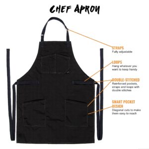 Under NY Sky Chef Apron – Professional Black Twill – Cotton Straps - Smart Pockets - Adjustable for Men and Women – Pro Chef, Cook, Kitchen, Baker, Barista, Bartender, Server Aprons