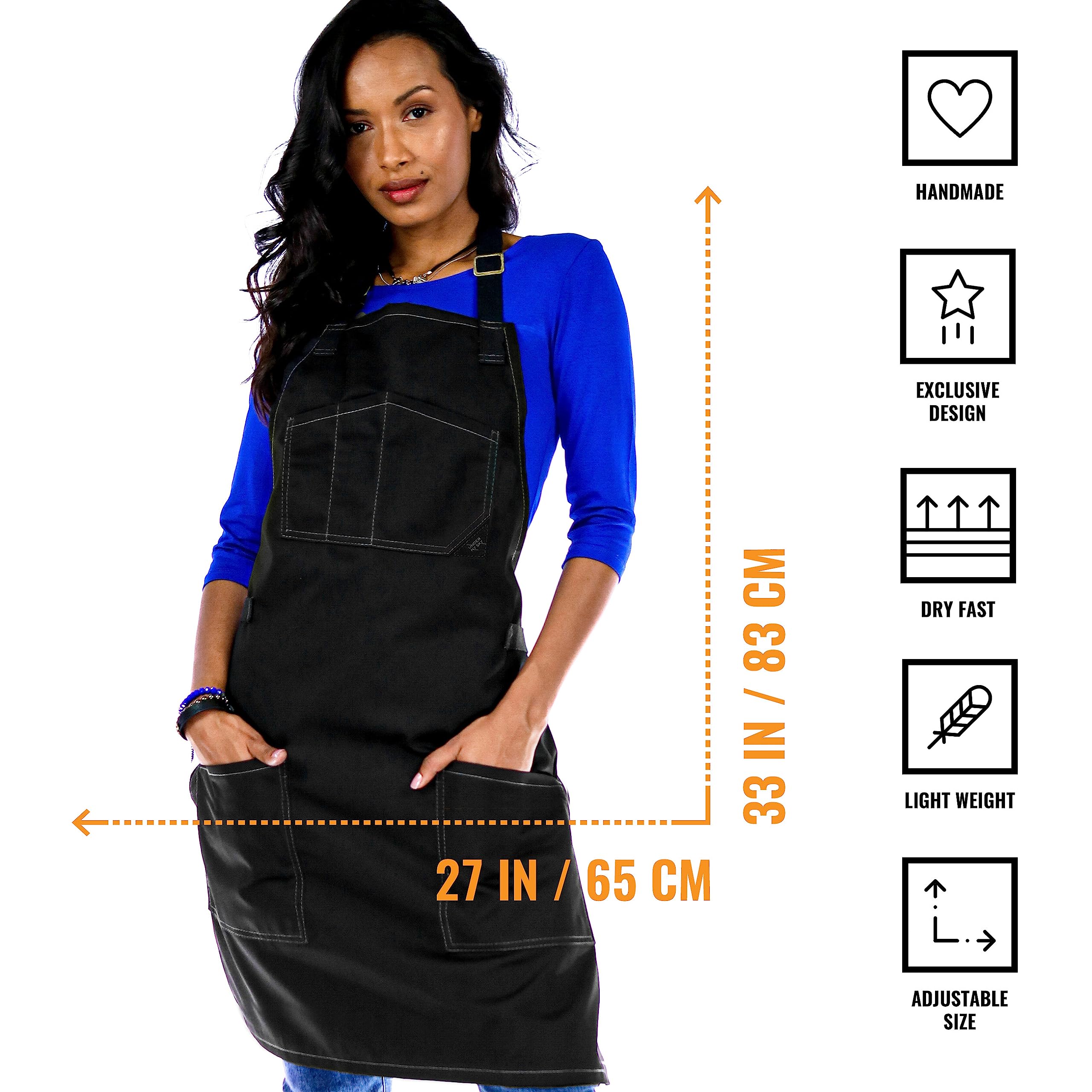 Under NY Sky Chef Apron – Professional Black Twill – Cotton Straps - Smart Pockets - Adjustable for Men and Women – Pro Chef, Cook, Kitchen, Baker, Barista, Bartender, Server Aprons