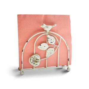 iron rustic white bird & rose farmhouse vintage napkin holder/tabletop freestanding tissue dispenser