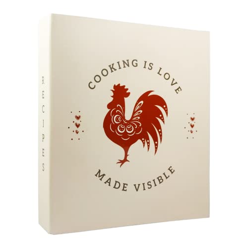 EGGBLU Recipe Binder with 25 Full Page Blank Recipe Sheets, 25 Plastic Page Protectors and 6 Tabbed Dividers, 11.5" x 13", Red Rooster Design