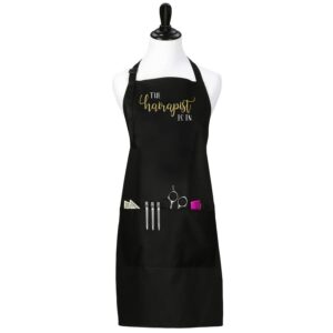 Plum Hill The Hairapist Is In Hair Stylist Salon Apron with Screen Print, Black with 3 Pockets (Hairapist)