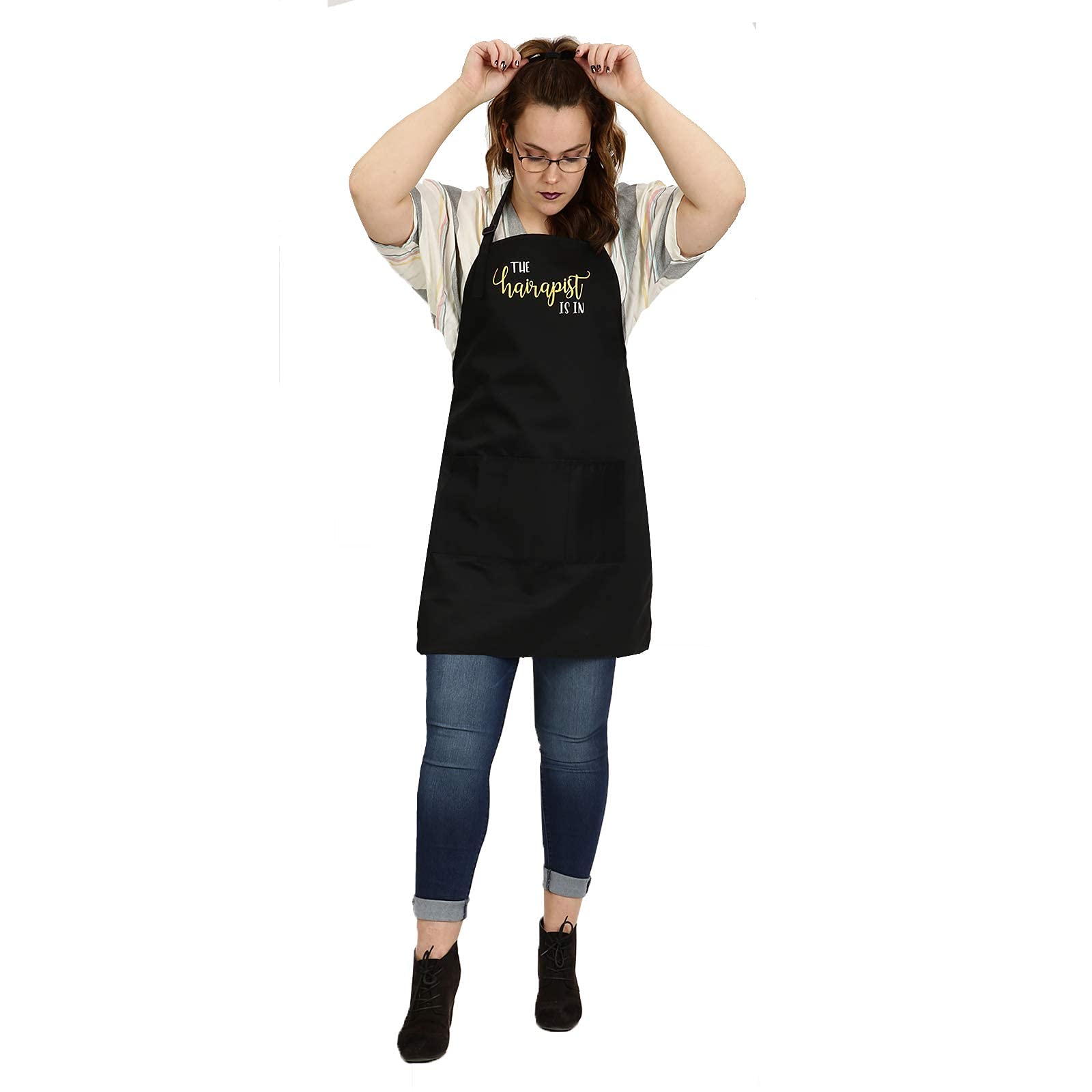 Plum Hill The Hairapist Is In Hair Stylist Salon Apron with Screen Print, Black with 3 Pockets (Hairapist)