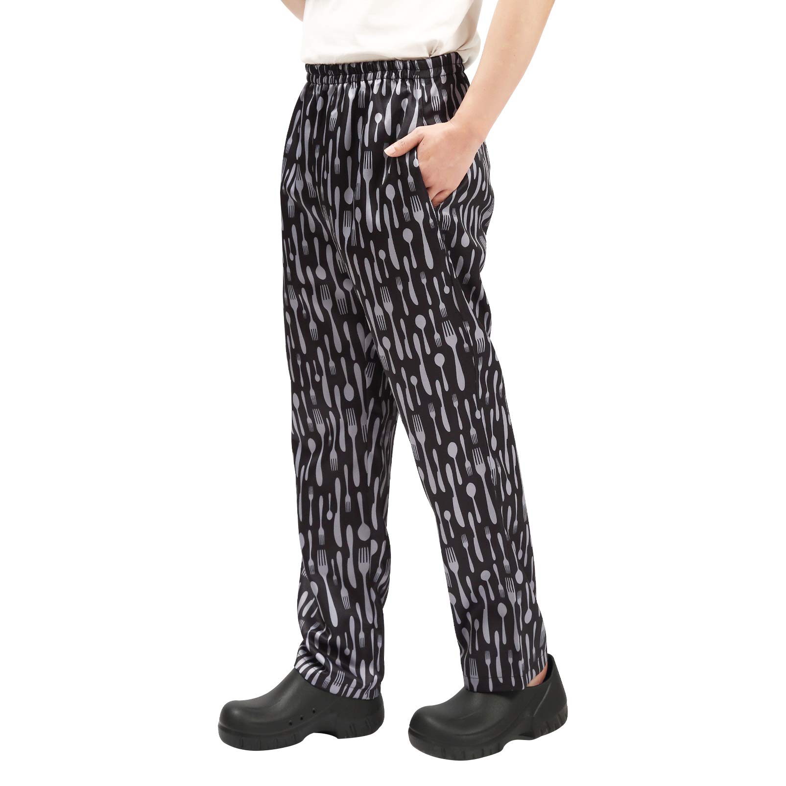 Men's and Women's Baggy Chef's Pants Floral Restaurant Work Pants and Kitchen Uniform Loose Cargo Style Chef Pants KnifeFork S