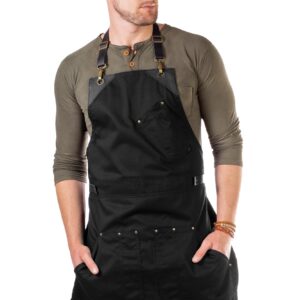 Under NY Sky Barista Apron - Black Leather Straps and Reinforcement - Riveted Pockets - Double Stiched - Leather Ring Loop - Professional Black Twill - Double as Half Bistro Apron - Chefs, Bartender