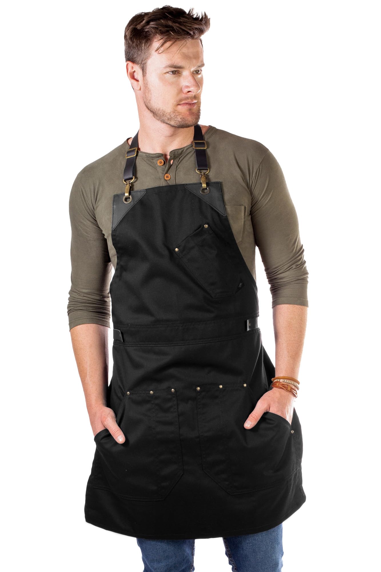 Under NY Sky Barista Apron - Black Leather Straps and Reinforcement - Riveted Pockets - Double Stiched - Leather Ring Loop - Professional Black Twill - Double as Half Bistro Apron - Chefs, Bartender