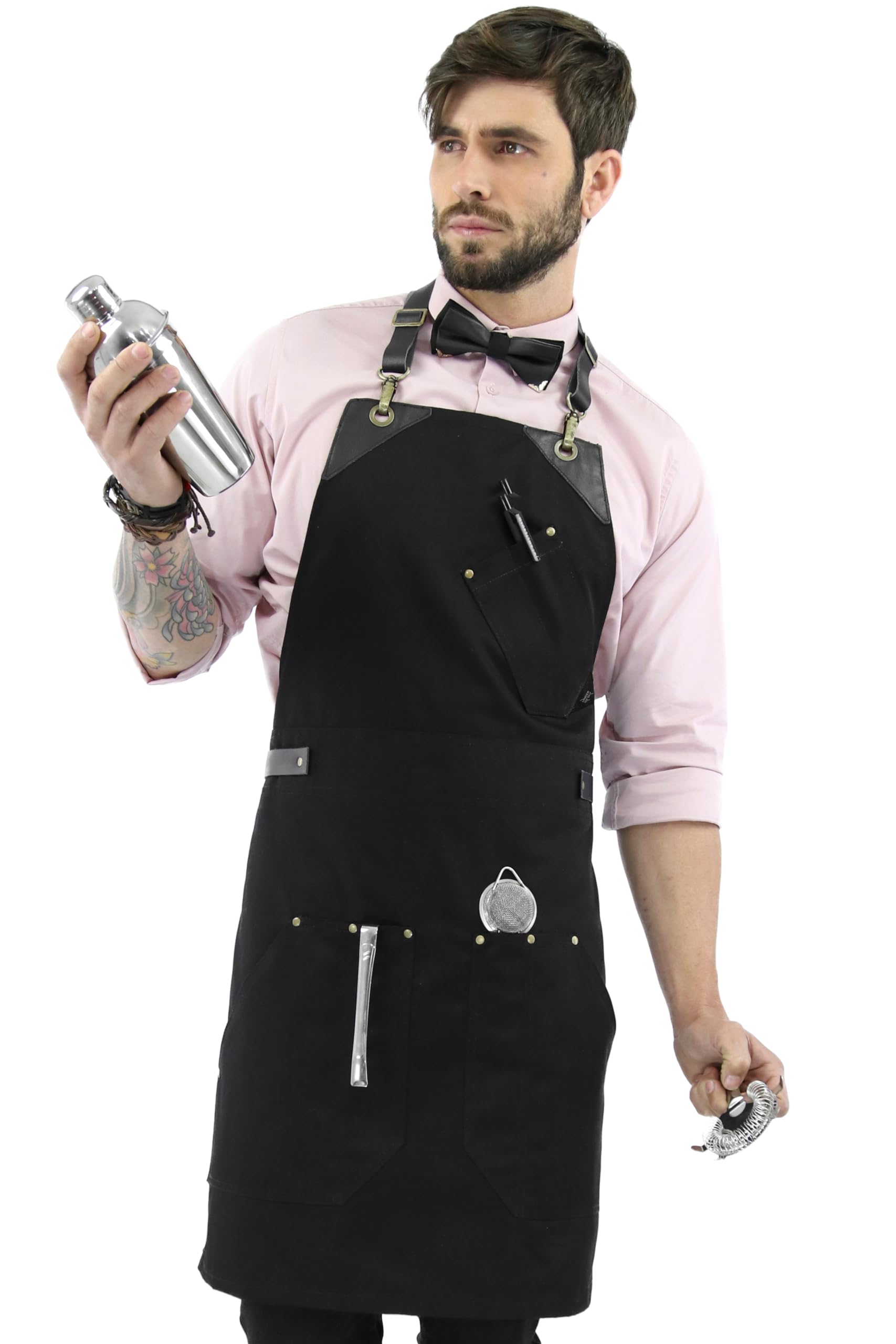 Under NY Sky Barista Apron - Black Leather Straps and Reinforcement - Riveted Pockets - Double Stiched - Leather Ring Loop - Professional Black Twill - Double as Half Bistro Apron - Chefs, Bartender